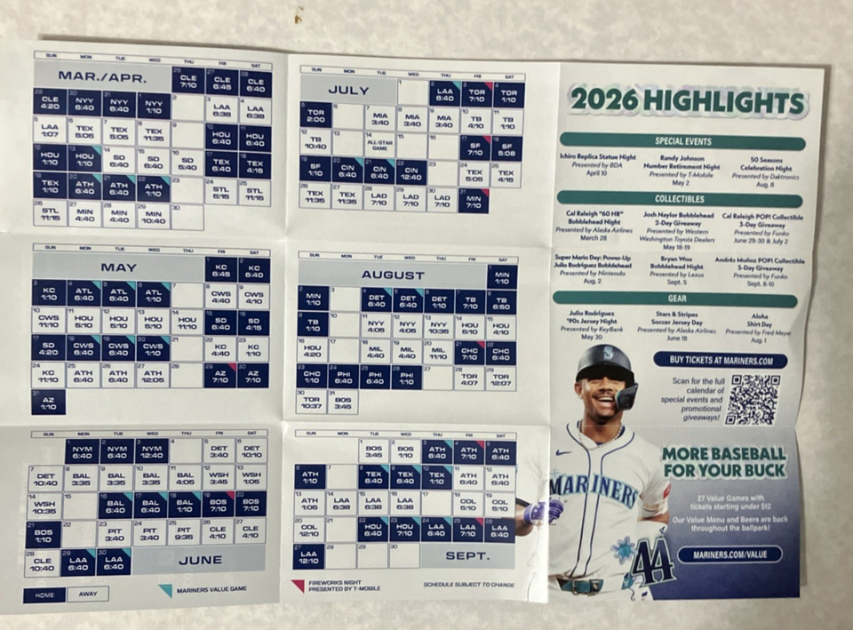 2026 Seattle Mariners Magnetic Schedule SGA 3/26/26 + 2 Pocket ...