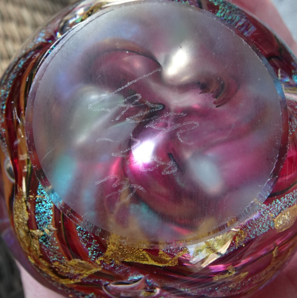 Signed Tim Lazer 2000 Studio Art Glass Dichroic Patterns Paperweight 3. ...