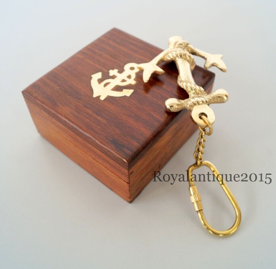 Vintage Brass Anchor Key Chain Golden Finish Nautical Gift With Wooden ...