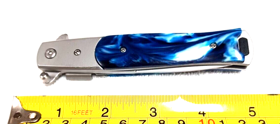 SPRING ASSISTED STILETTO STYLE KNIFE 8.75" POCKET KNIFE BLUE MARBLE ...