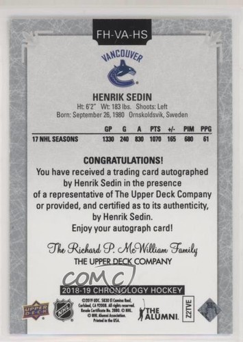 2018-19 Upper Deck Chronology Franchise History Henrik Sedin #FH-VA-HS ...