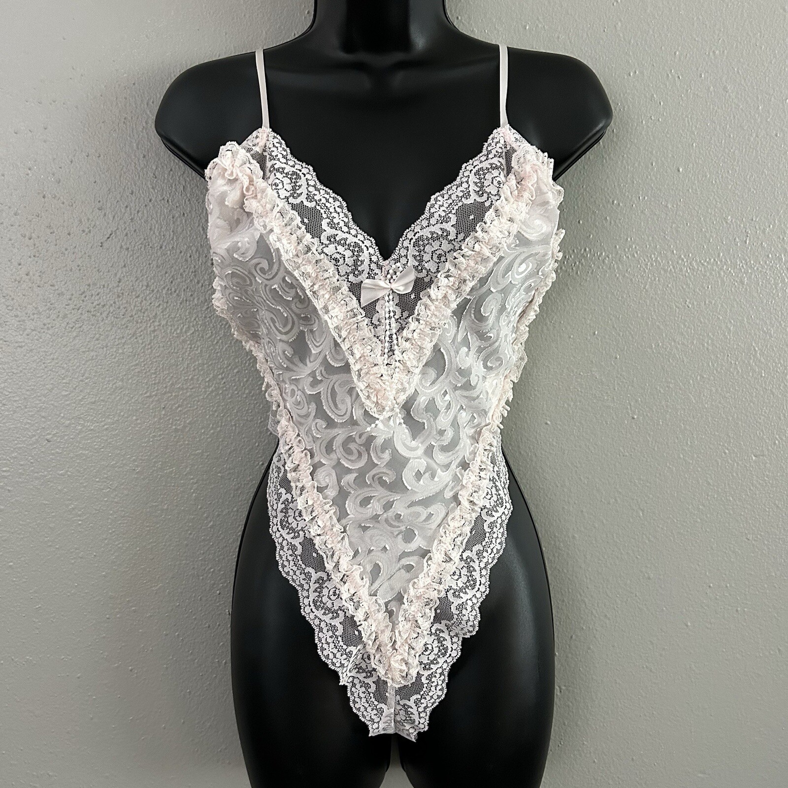 VTG Delicates Sheer Jacquard Lace Ribbon Bodysuit Ted… - Gem