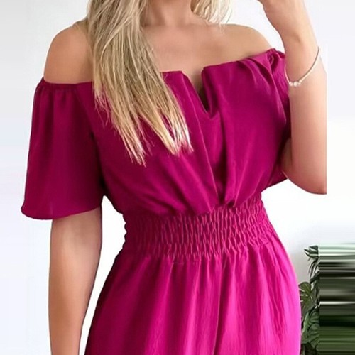 Womens Off Shoulder Short Sleeves V Neck Slim Fit Loose Straight Legs ...