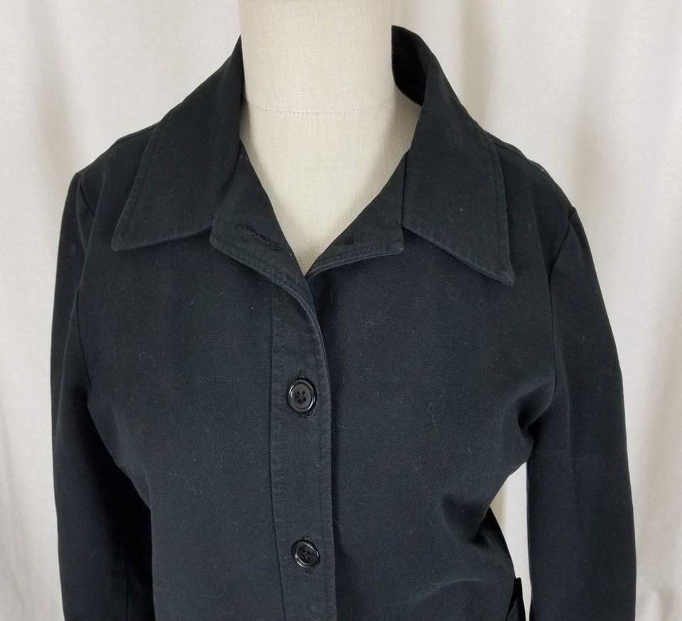 Gap Stretch Black Half Belted Back Full Button Up Jacket Womens 8 Apron ...