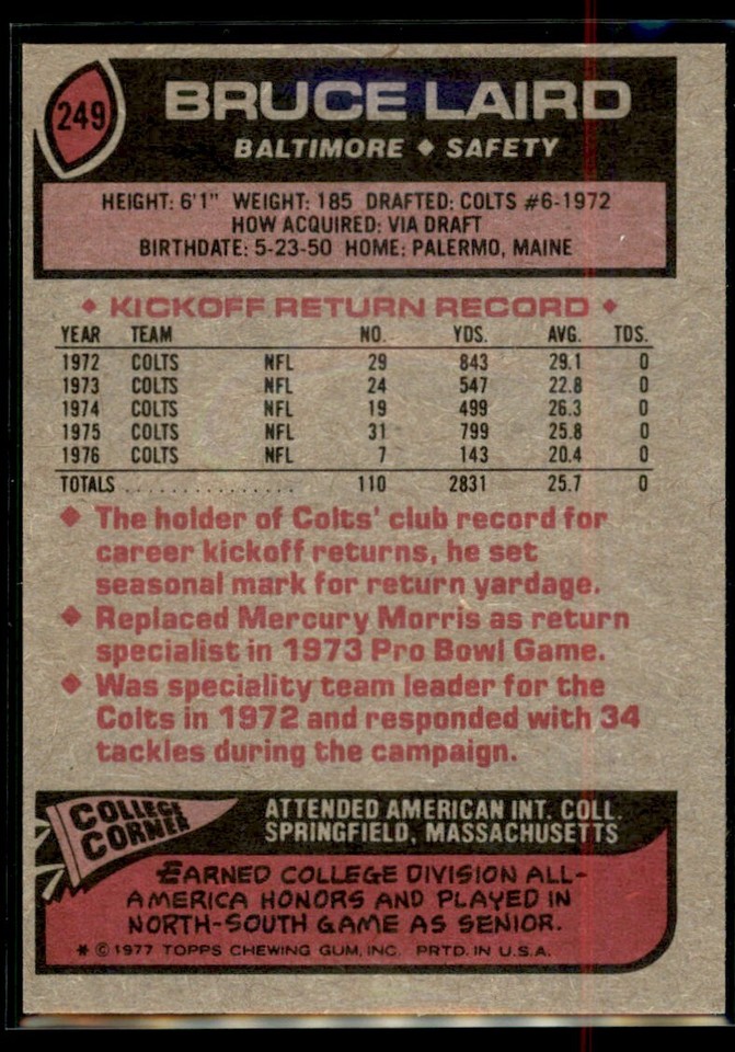 1977 Topps Bruce Laird Baltimore Colts #249 | eBay