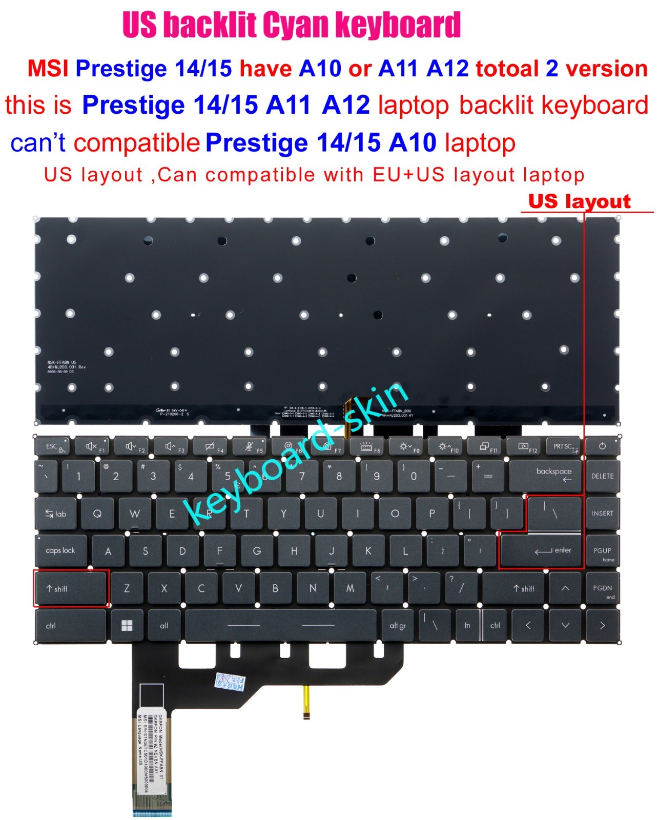 New US backlit keyboard for MSI Prestige 15 A11 A12 A11SCX/A11SCX ...