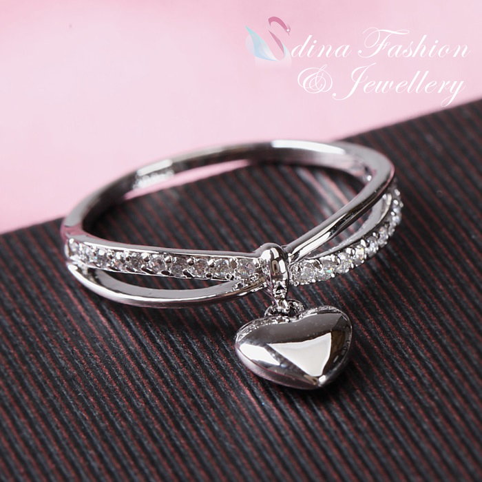 18K White Gold Plated Cubic Zirconia Exquisite Crossover Heart Ring ...