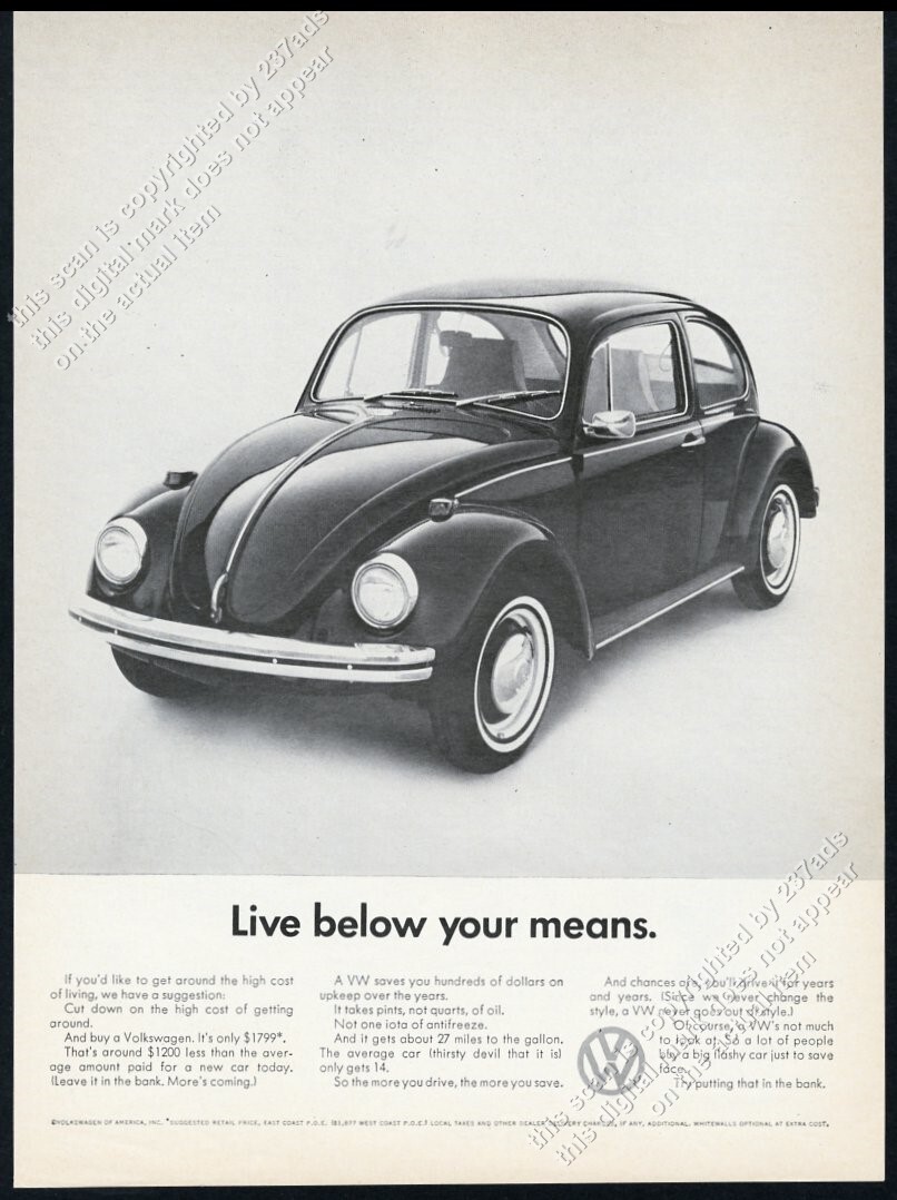 1968 VW Beetle classic bug car photo Live Below Your Means 11x8 vtg ...