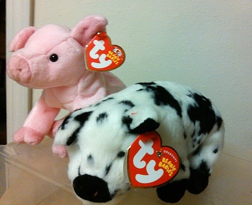 RARE Ty Beanies Pigs,2003 HAMLET (tag errors) & 2004 STUBBY (B&W pig ...