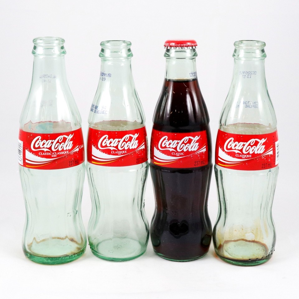 4 Coca-Cola 237 mL Green Glass Bottles Canadian with Metal Caddy ...