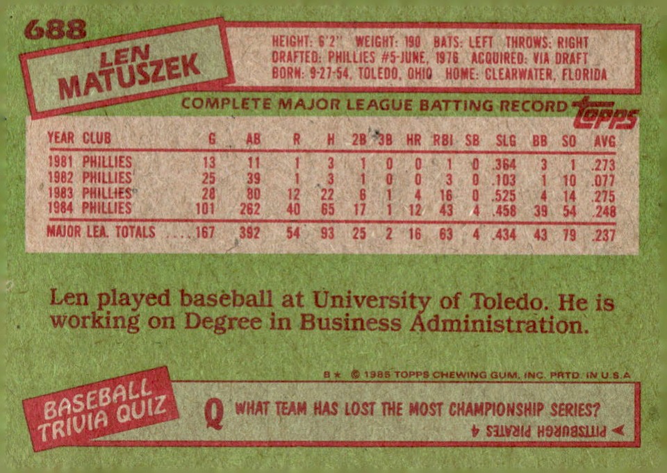 1985 Topps #688 Len Matuszek - Philadelphia Phillies | eBay