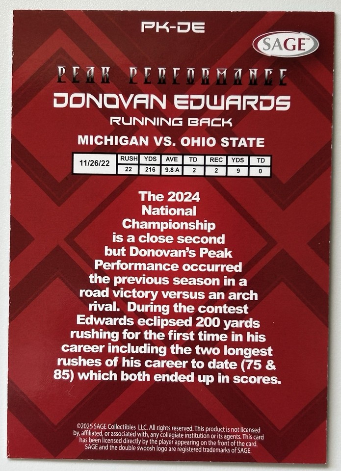 2025 Sage Football Donovan Edwards Peak Performance Refractor #PK-DE ...