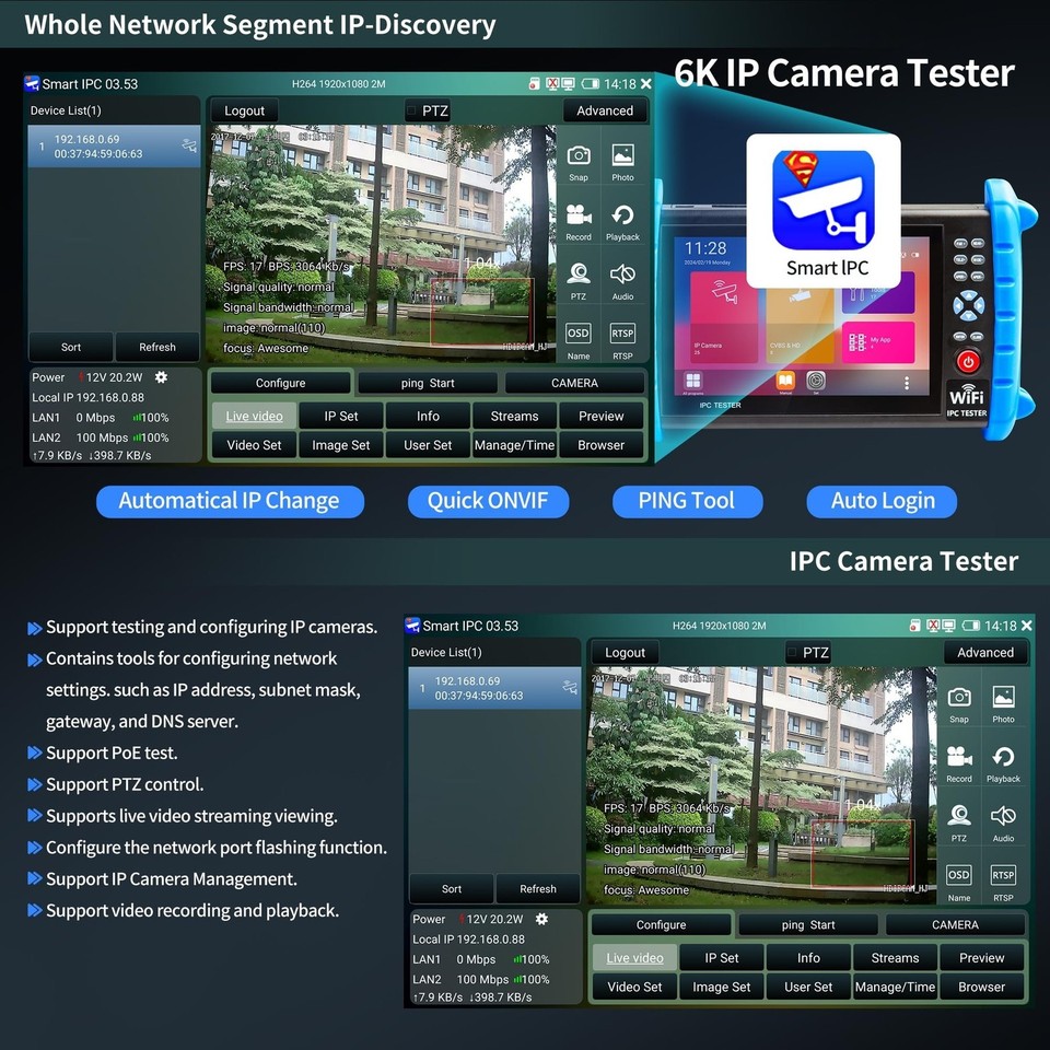 CCTV Camera Tester 7" IPS Touch Screen 6K IP POE Network Camera Test ...