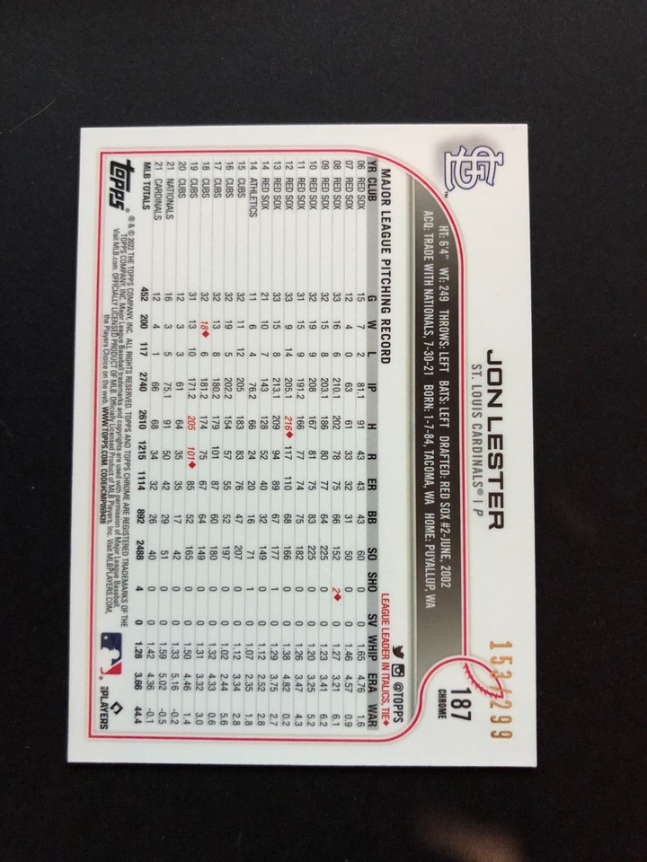 2022 Topps Chrome Sonic #187 Jon Lester Purple Yellow Refractor /299 | eBay