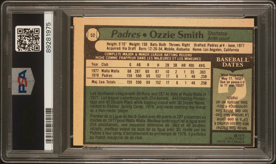 PSA 9 MC 1979 O PEE CHEE UNIQUE MISCUT Ozzie Smith Rookie Card #52 Mint ...