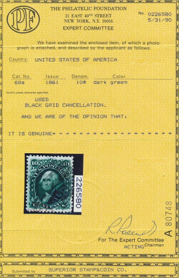 U.S. Scott #68a (1861) w/a P.F. Certificate Scott Catalog Value: $90.00 ...