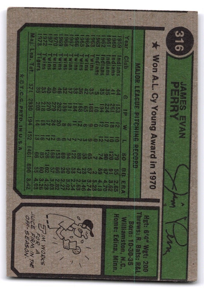1974 Topps Jim Perry Detroit Tigers #316 | eBay