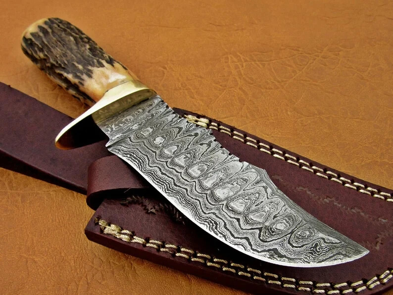 Damascus Deer Antler Hunting Knife, Brass Clip, Deer Antler Handle ...