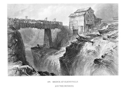 "Bridge at Glen Falls" NY in 1840 WH Bartlett engraving reproduction ...