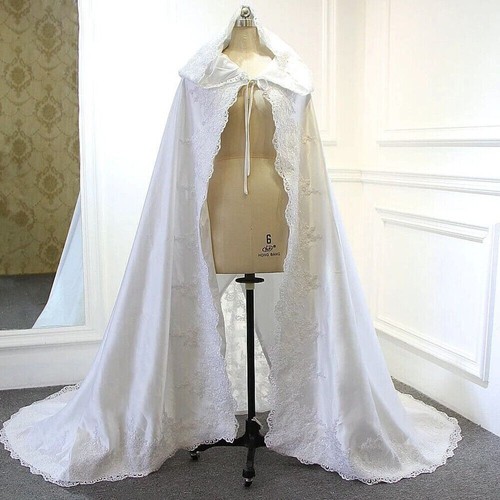 White Satin Lace Wedding Cloaks With Hooded Wraps Long Bridal Church ...
