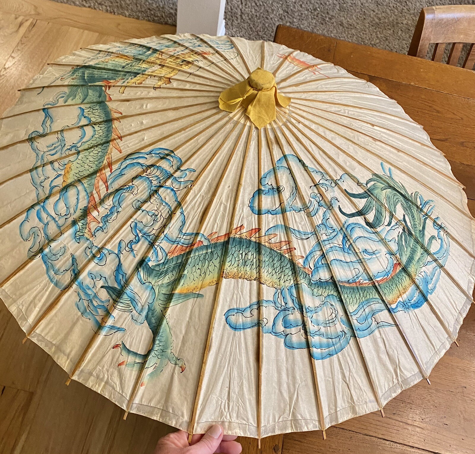 HAND PAINTED DRAGON ASIAN ORIENTAL PARASOL UMBRELLA RICE PAPER BAMBOO ...