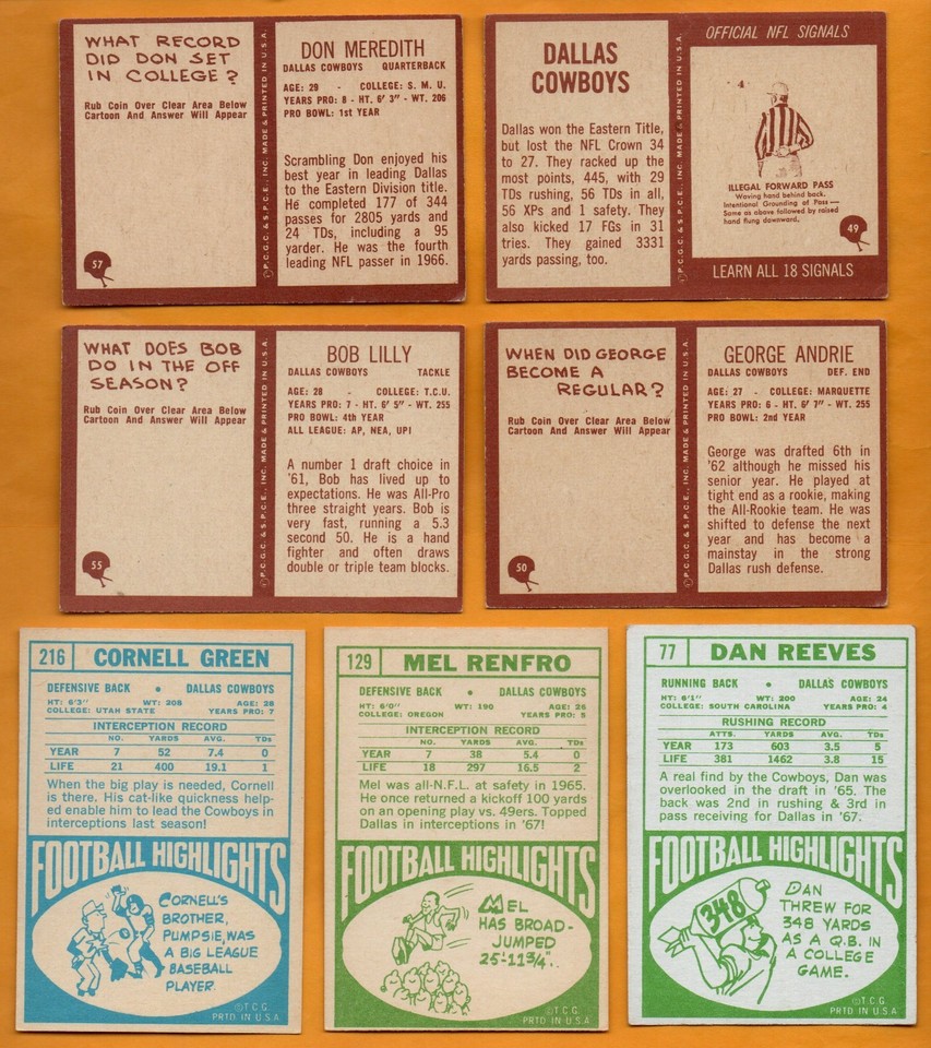Bob Lilly in 1967 - 1968 Dallas Cowboys 7 card lot EX+ w/ Renfro ...