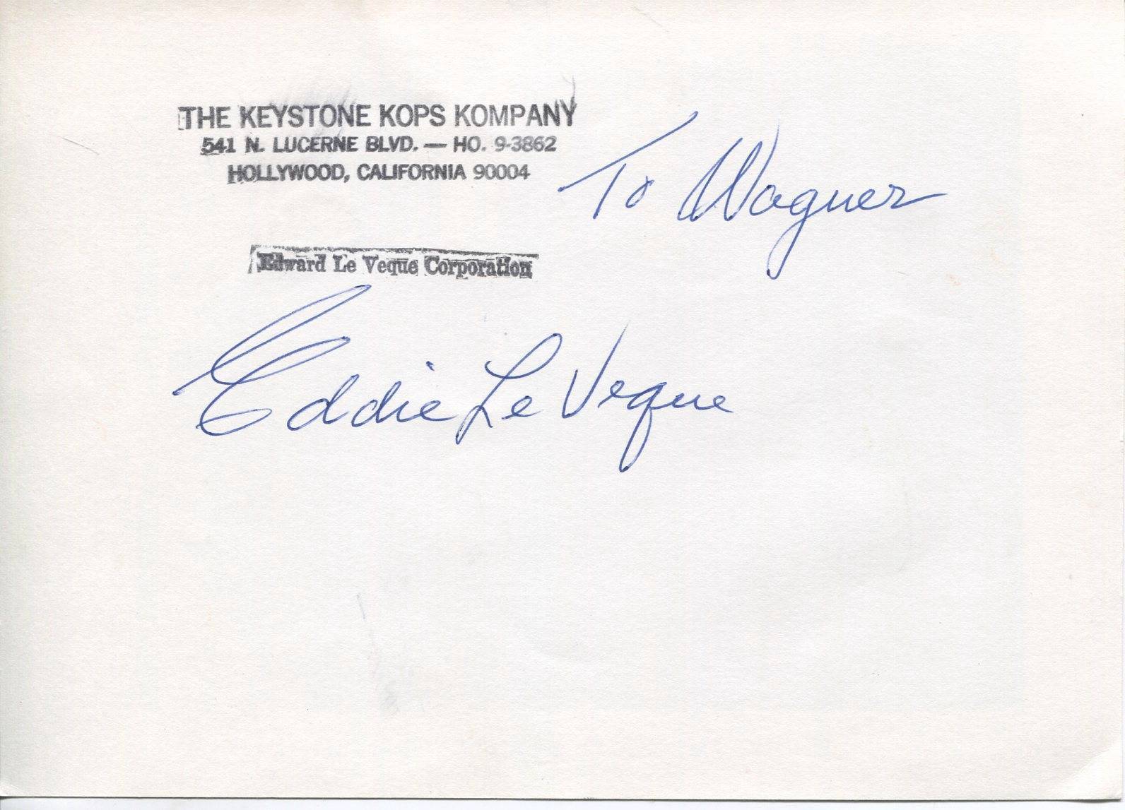 EDDIE LEVEQUE SIGNED PHOTO BACK AUTOGRAPH THE KEYSTONE KOPS COMIC ACTOR ...