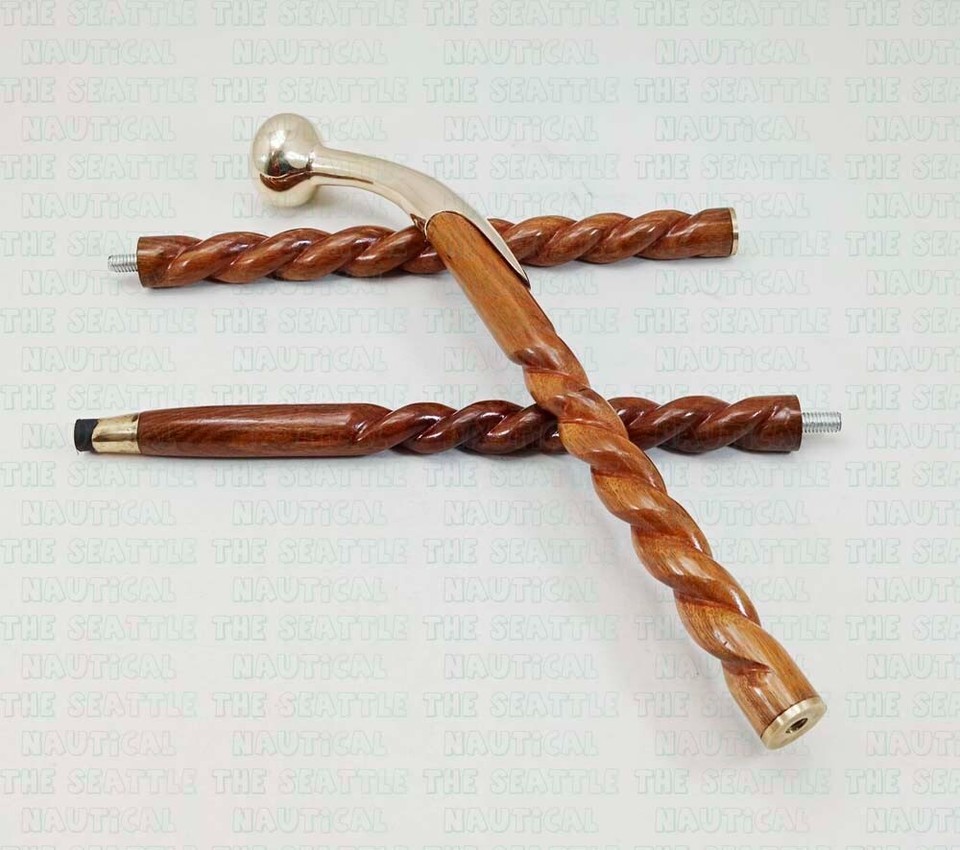 Brass 7" Horse Hame Ball Handle Hand Carved Brown Wooden Spiral Walking ...