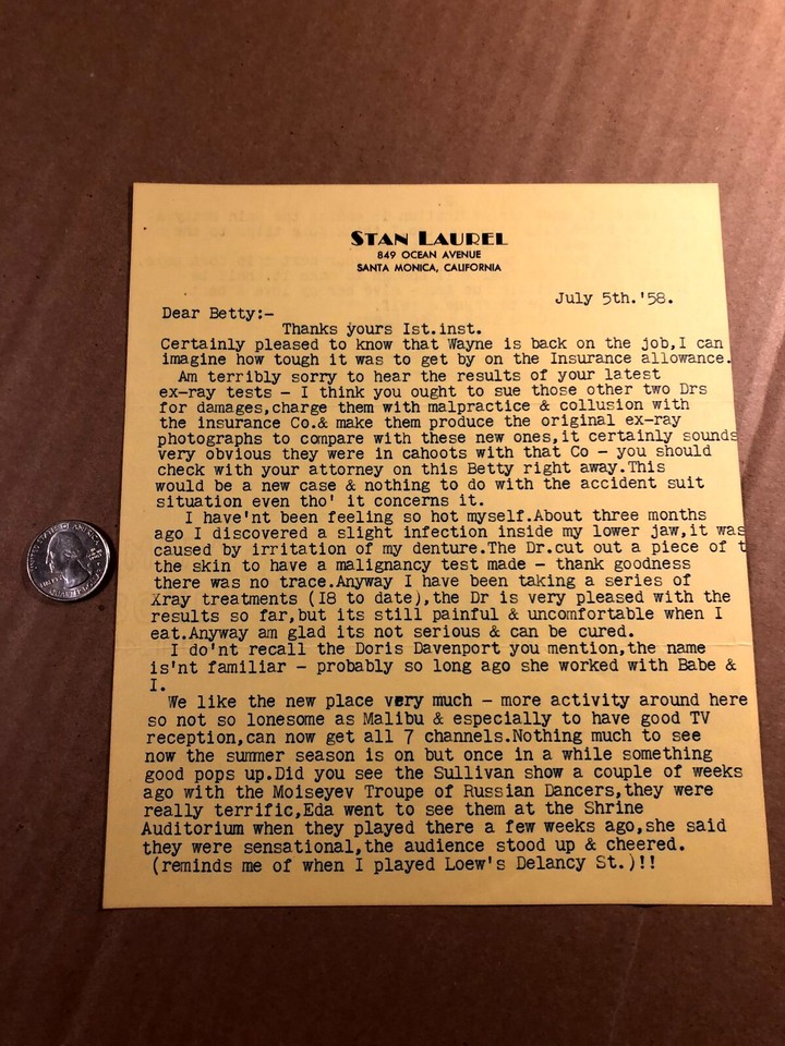 Very Rare Stan Laurel Very Personal Autographed Letter From '58 Laurel ...
