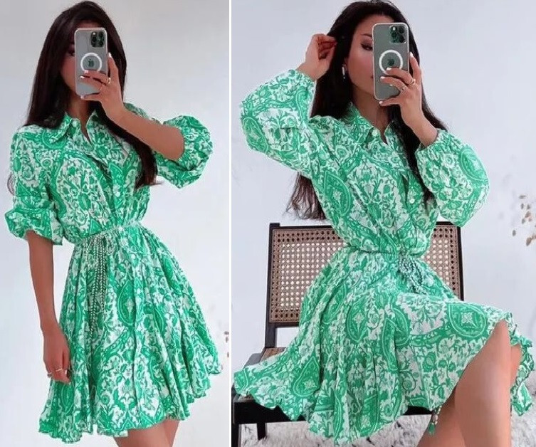 ZARA GREEN PAISLEY FLORAL PRINT MINI SHIRT DRESS VOLUMINOUS SKATER ...