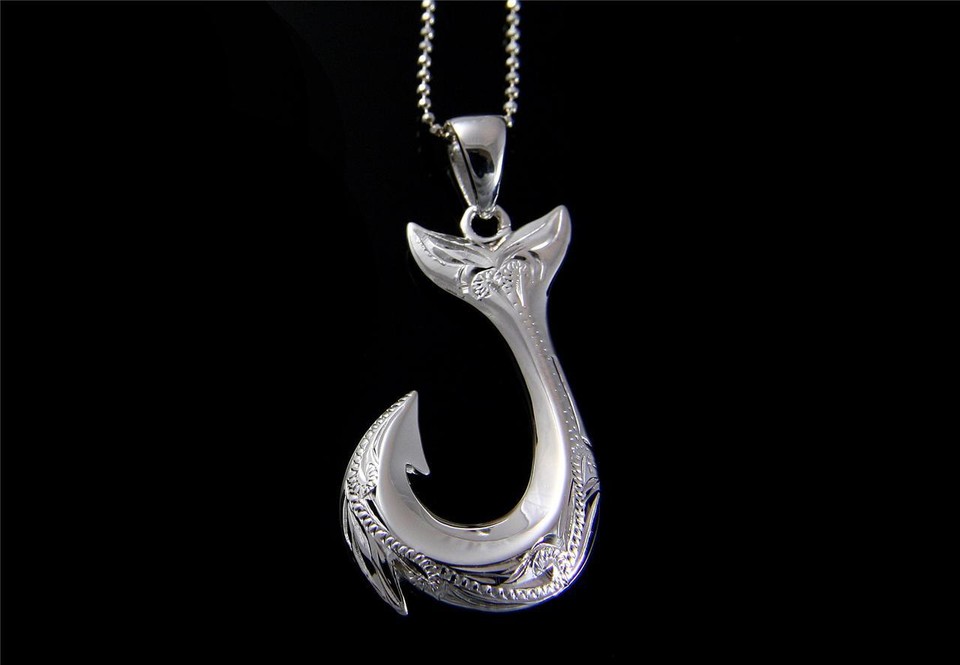 STERLING SILVER 925 HAWAIIAN SCROLL ENGRAVED FISH HOOK PENDANT 17MM | eBay