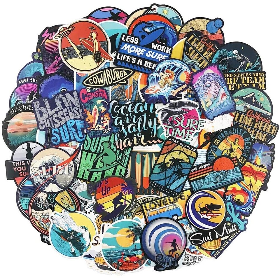 100 pcs SURFING STICKERS, Summer Beach Sea Cool Vinyl Stickers Lot | eBay