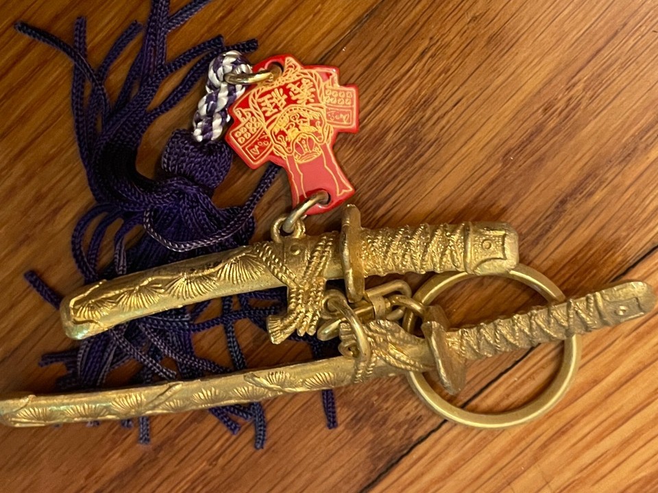 Vintage Pair of Gold Tone Metal Swords Purple Tassle & Tiny Bell Key ...