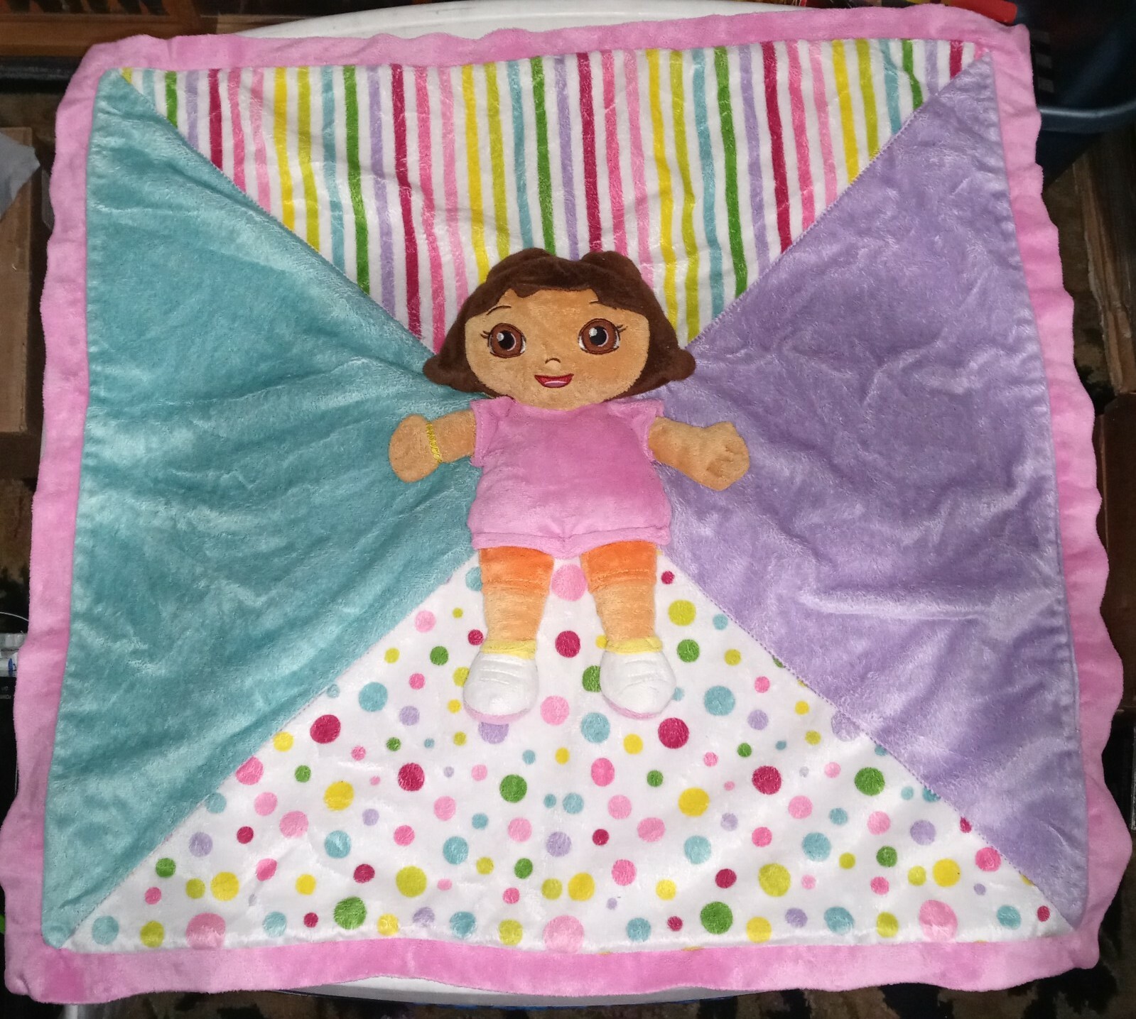 3D Plush Security Blanket Dora Explorer Pink Purple Stripes Dots 24" × ...