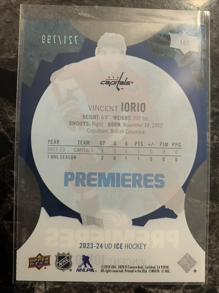 Vincent Iorio 2023-24 Ud Ice Hockey Premieres 721/799 | eBay