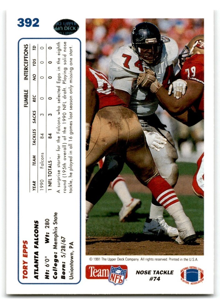 1991 Upper Deck Tory Epps Atlanta Falcons #392 | eBay