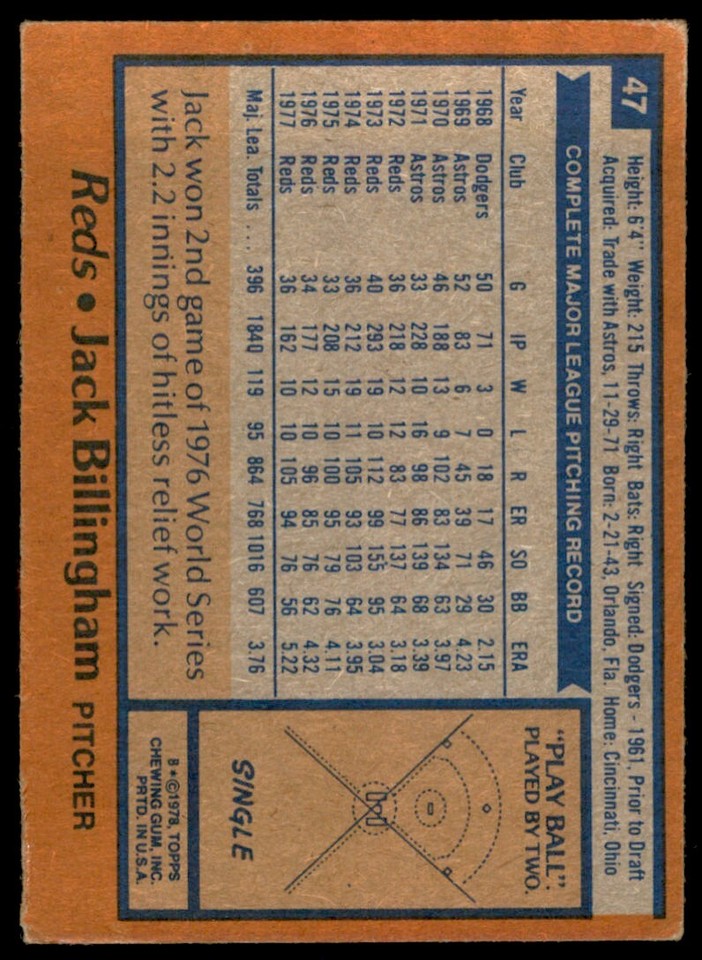 1978 TOPPS JACK BILLINGHAM (100) CINCINNATI REDS #47 | eBay