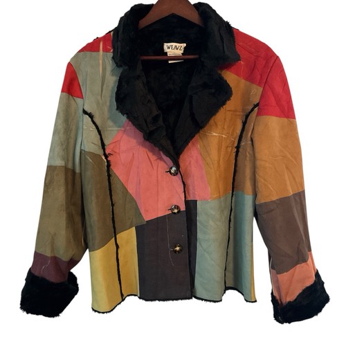 Vintage Weavz Artsy Color Block Faux Fur Jacket Large | eBay