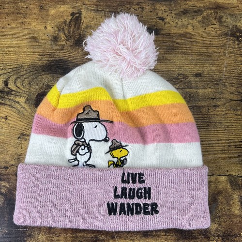 Peanuts Snoopy Woodstock Live Laugh Wander Pink Rainbow Pompom Beanie ...