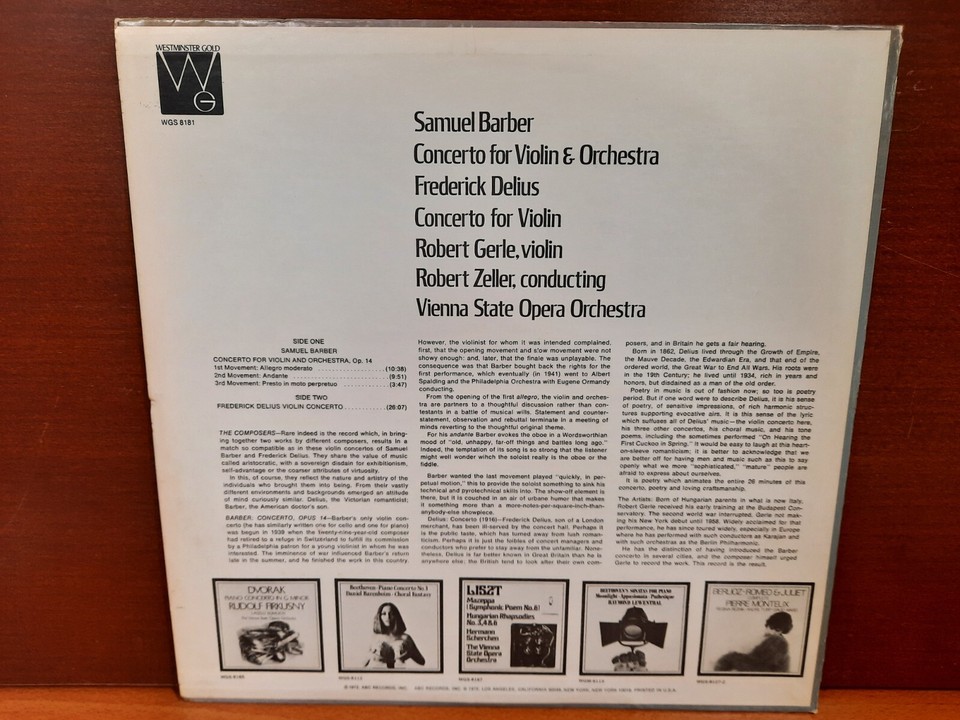 LP / Zeller - Vienna / Robert Gerle / Barber & Delius Violin Concertos ...