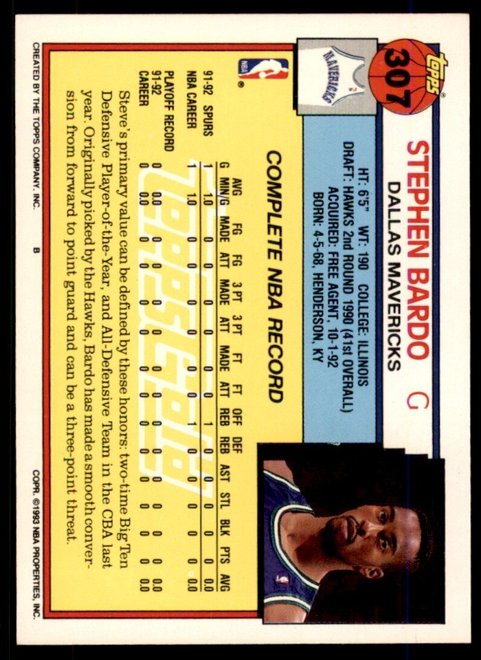 1992-93 Topps Gold #307 Steve Bardo Dallas Mavericks | eBay