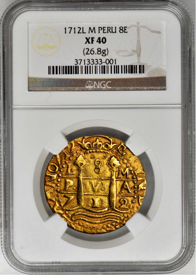 PERU 1712 8 ESCUDOS NGC 40 1715 FLEET PIRATE GOLD COINS SHIPWRECK ...