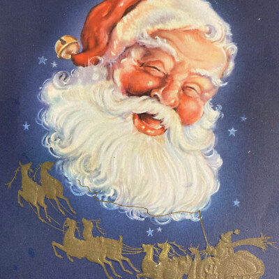 Vintage Mid Century Christmas Greeting Card Santa Claus Gold Navy Blue ...