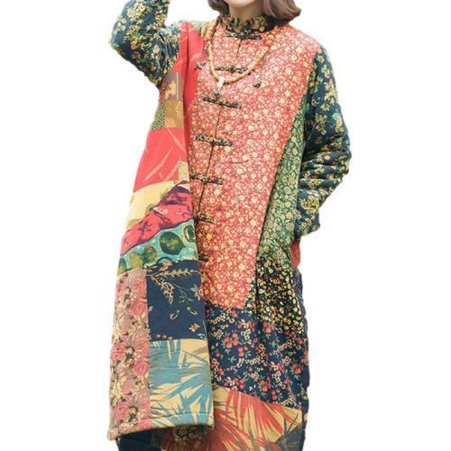 Womens Ethnic Long Quilted Jacket Floral Patchwork Qipao Outwear Robe ...