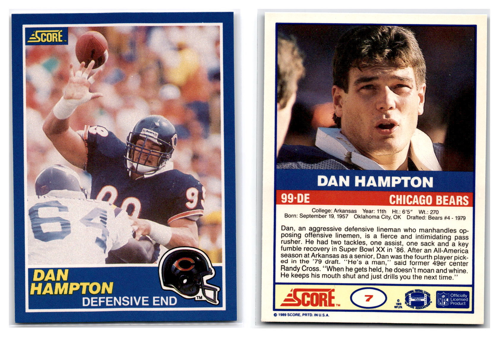 1989 Score Football #7 Dan Hampton - Chicago Bears | eBay