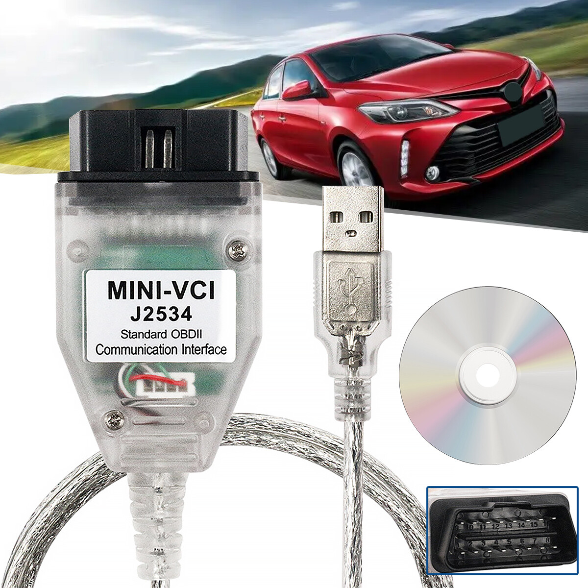 For Toyota Lexus MINI VCI J2534 16pin OBD2 Diagnostic Cable TIS ...