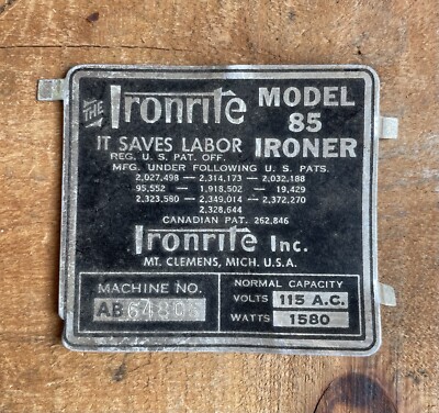 Vintage Ironrite Model 85 Ironer Home Appliance Machine Plaque Plate | eBay