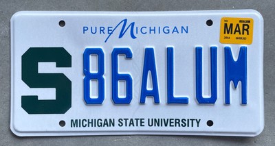 MICHIGAN STATE UNIVERSITY MSU SPARTANS License Plate College 86ALUM | eBay