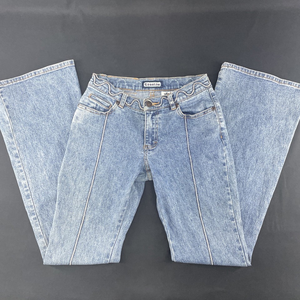 Y2K Vtg Gasoline Brand Womens 3 Flare Boot Leg Denim Jeans Swirl Stitch ...