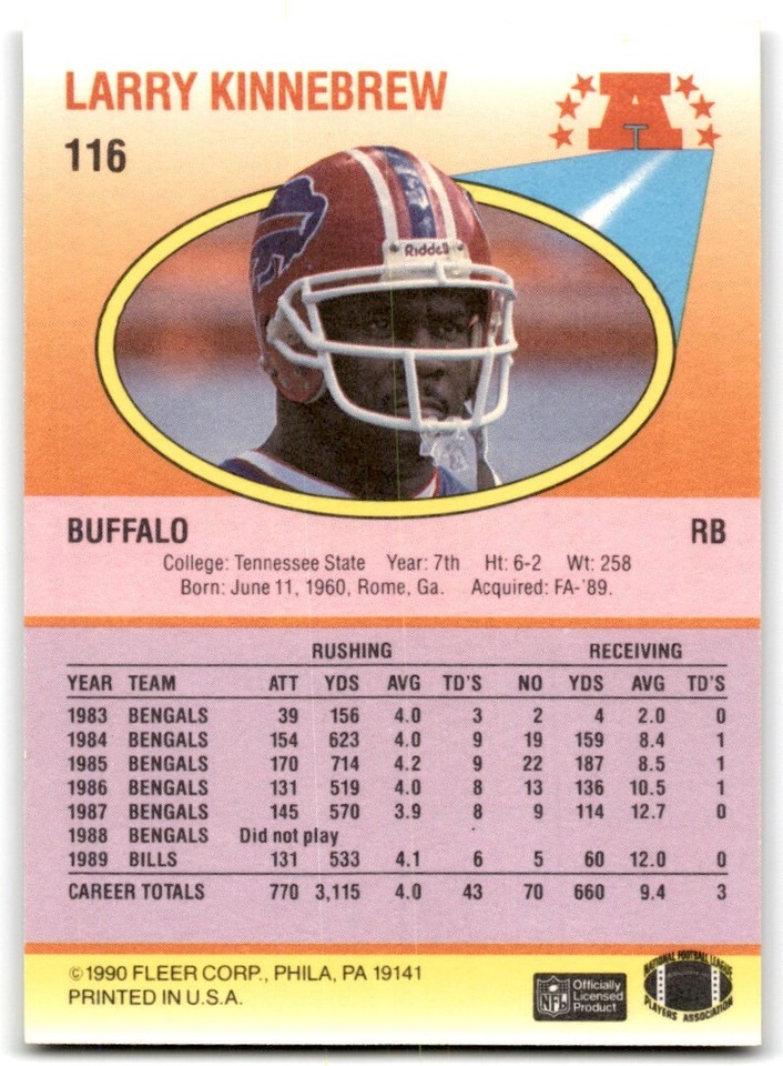 1990 Fleer Larry Kinnebrew Buffalo Bills #116 | eBay